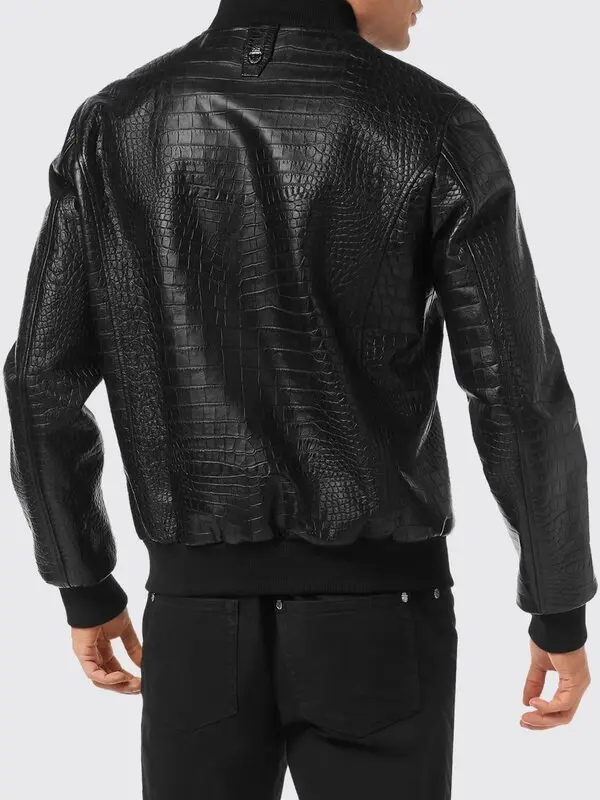 BILLIONAIRE Crocodile Print Leather Bomber Jacket