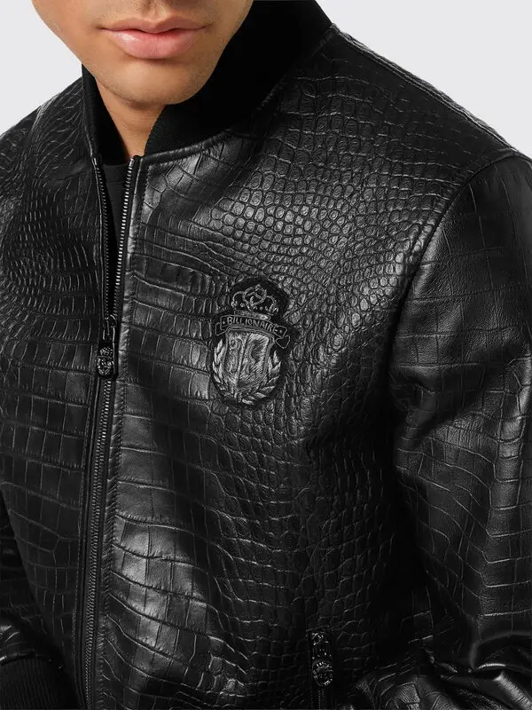 BILLIONAIRE Crocodile Print Leather Bomber Jacket