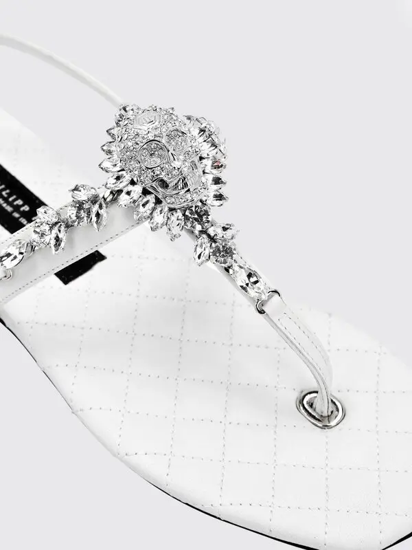 Philipp Plein Leather Thong Sandals With Low Heel And Ankle Strap