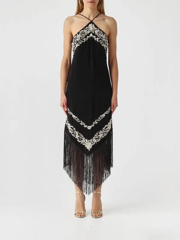 TWINSET Asymmetrical Embroidered Viscose Midi Dress With Fringe