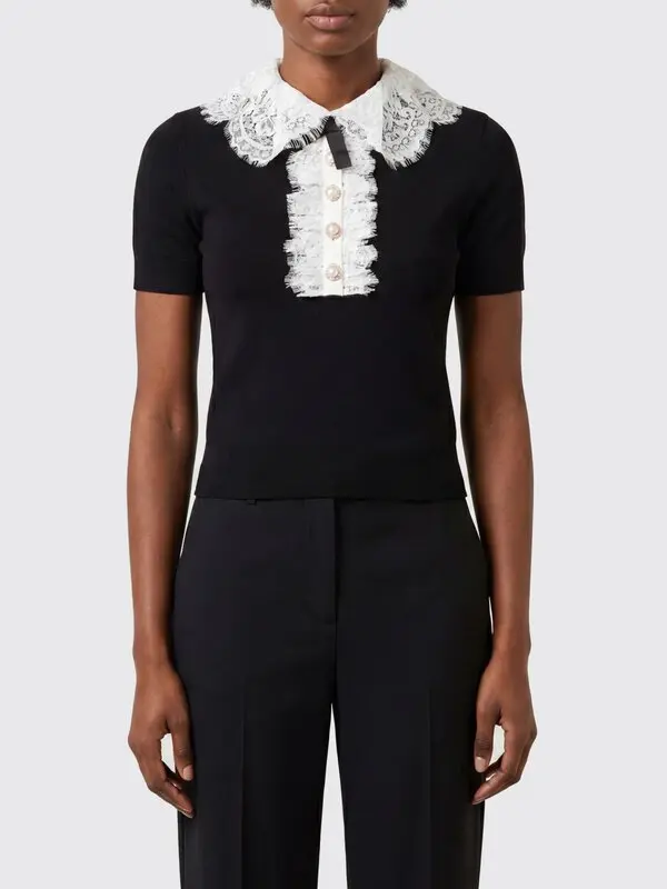 SELF-PORTRAIT Short-sleeved Wool Top With Lace Inserts