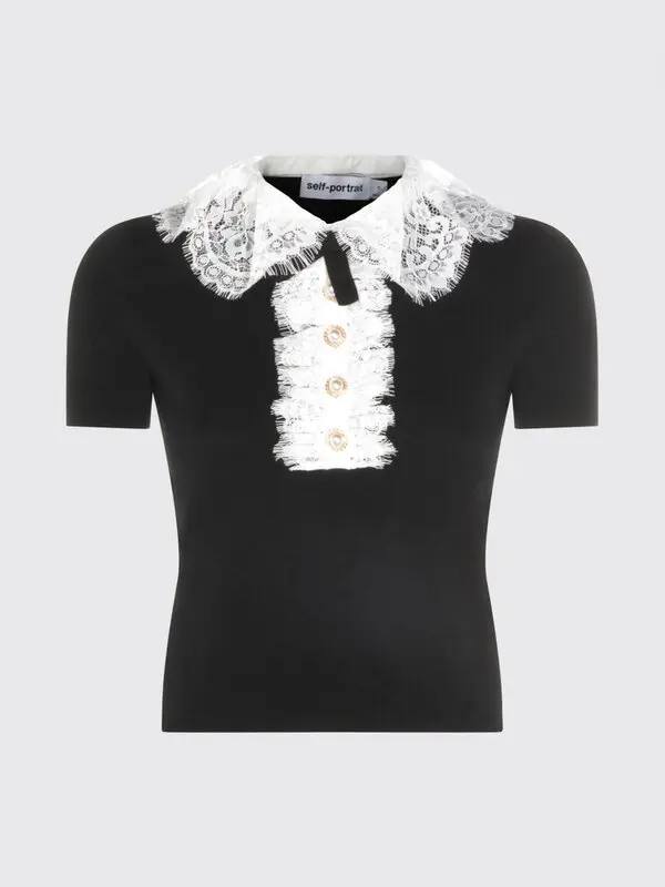 SELF-PORTRAIT Short-sleeved Wool Top With Lace Inserts
