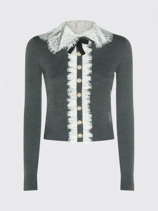 SELF-PORTRAIT Slim Fit Wool Cardigan With Lace And Ruffle Collar