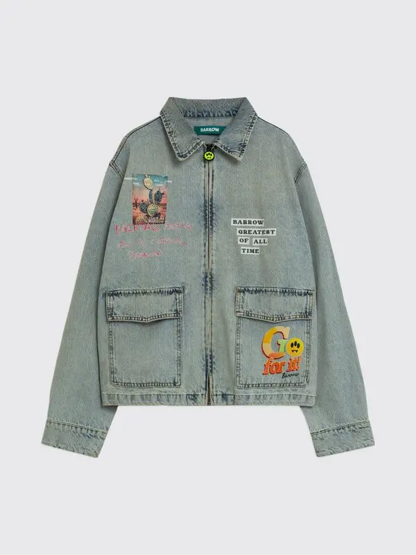 BARROW Light Blue Cotton Denim Graphic Print Zip-up Jacket - Sky Blue