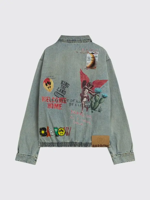 BARROW Light Blue Cotton Denim Graphic Print Zip-up Jacket - Sky Blue