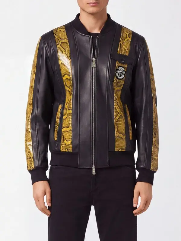 BILLIONAIRE Leather And Snakeskin Bomber Jacket - Black