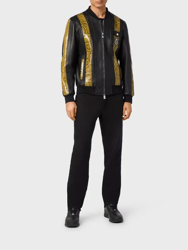 BILLIONAIRE Leather And Snakeskin Bomber Jacket - Black