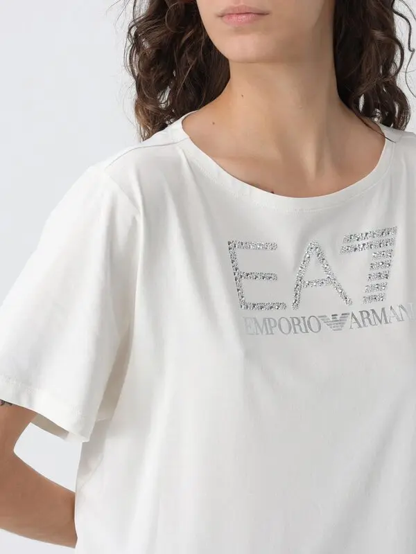 EA7 Cotton T-shirts With Rhinestone Logo - White