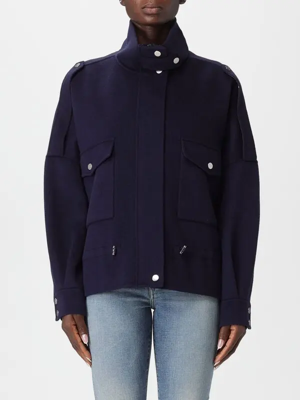 Pinko Navy Stand Collar Jacket With Button And Zip Details