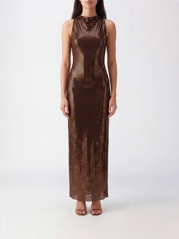 SELF-PORTRAIT One-shoulder Embellished Maxi Gown - Brown