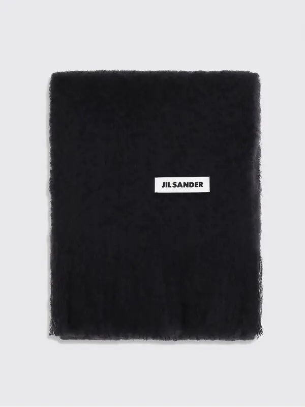 JIL SANDER Fringed Mohair Wool Blend Scarf With Applied Logo Patch