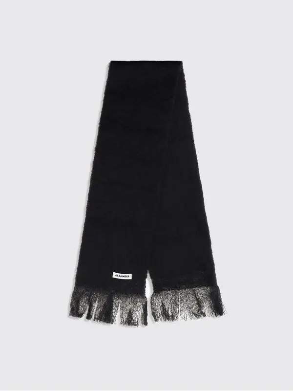 JIL SANDER Fringed Mohair Wool Blend Scarf With Applied Logo Patch