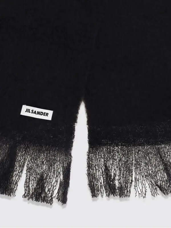 JIL SANDER Fringed Mohair Wool Blend Scarf With Applied Logo Patch