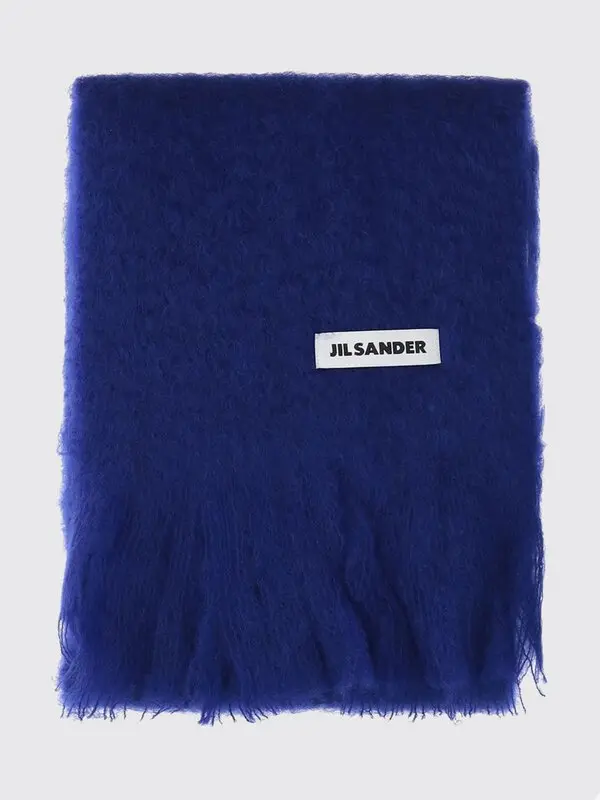 JIL SANDER Fringed Mohair Wool Blend Scarf With Applied Logo Patch - Blue
