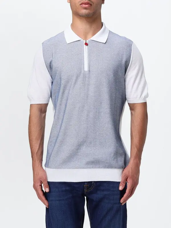 Kiton Bi Abstract Print Cotton Zip Polo With Short Sleeves