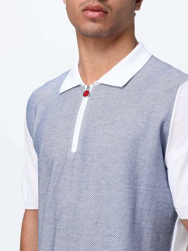 Kiton Bi Abstract Print Cotton Zip Polo With Short Sleeves