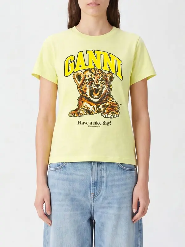 GANNI Slim Fit Cotton T-shirt With Graphic Logo Print - Green