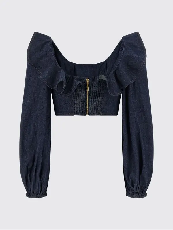 Zimmermann Cropped Long-sleeve Cotton Denim Top With Ruffles