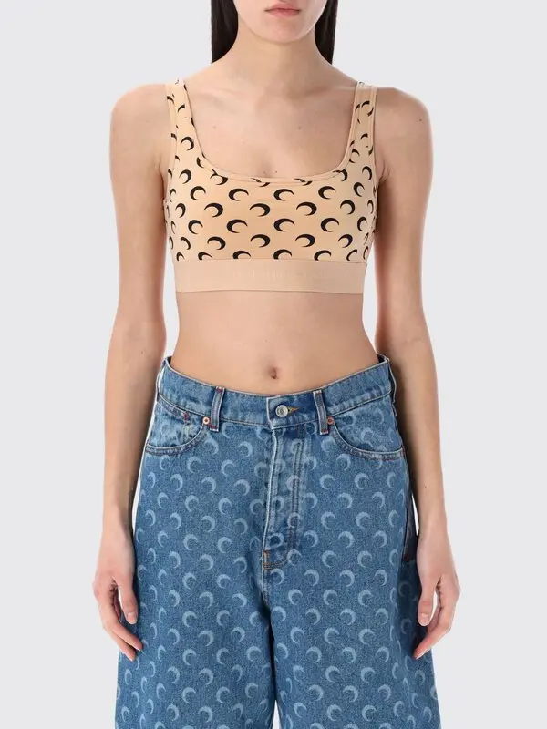 MARINE SERRE Stretch Nylon Crop Top With Logo Pattern