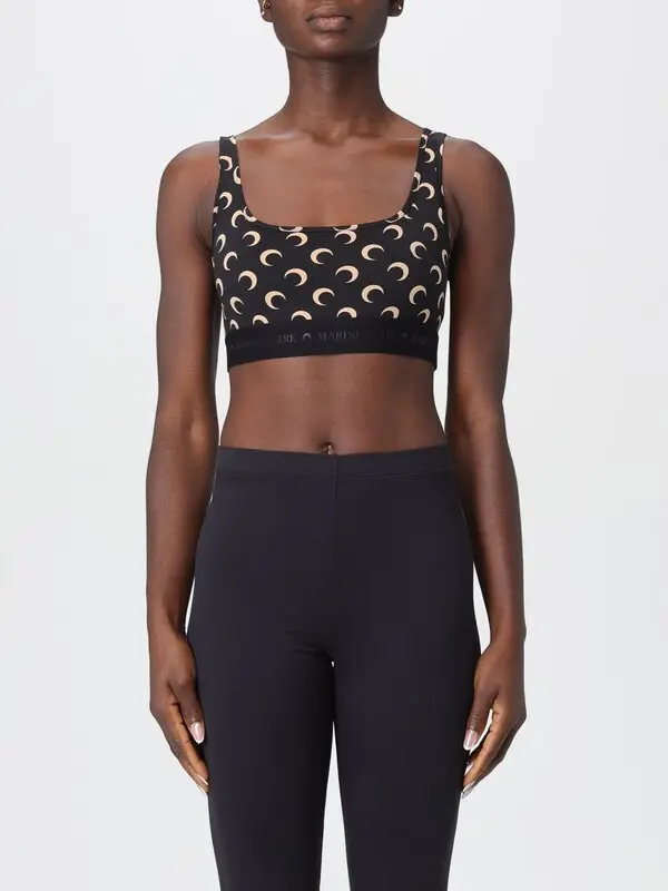 MARINE SERRE Stretch Nylon Crop Top With Logo Pattern - Black