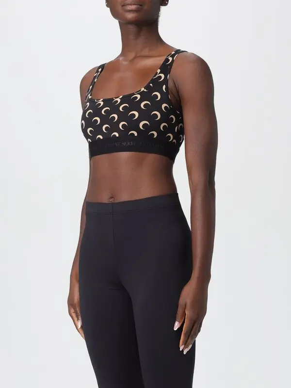 MARINE SERRE Stretch Nylon Crop Top With Logo Pattern - Black