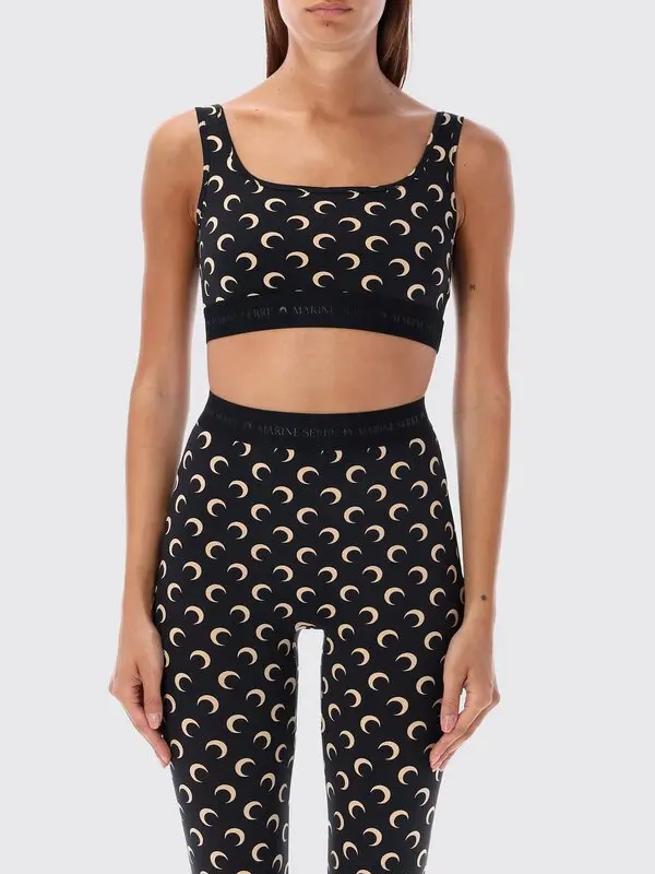 MARINE SERRE Stretch Nylon Crop Top With Logo Pattern - Black