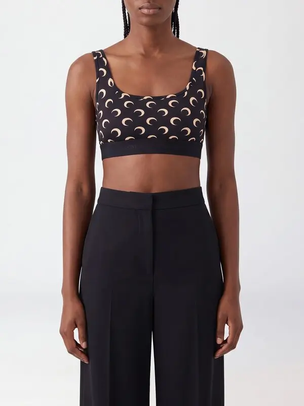 MARINE SERRE Stretch Nylon Crop Top With Logo Pattern - Black