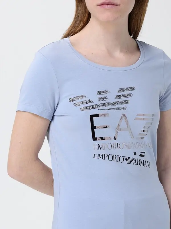 EA7 Cotton T-shirts With Rhinestone Logo - Blue