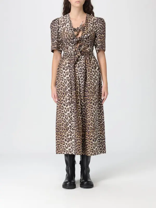 GANNI Leopard Print Midi Dress - Brown