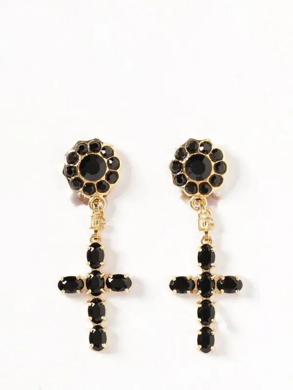 Dolce & Gabbana Brass Cross Drop Earrings With Rhinestones - Black