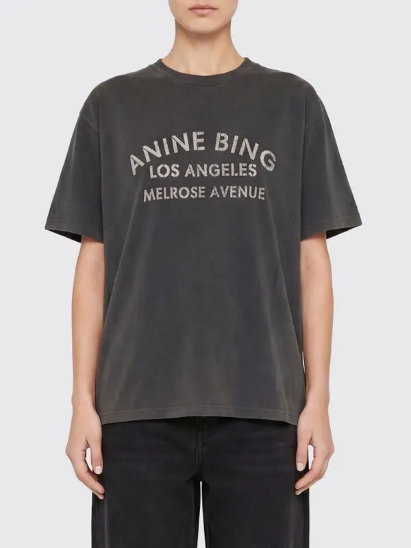 ANINE BING Slogan Print Cotton T-shirt With Contrasting Logo - Grey