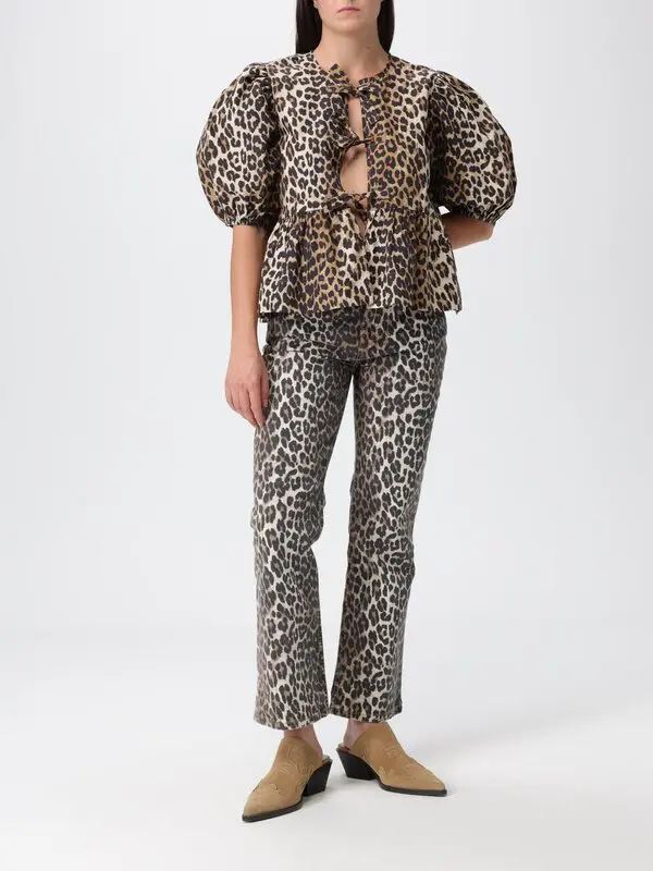 GANNI Leopard Print Peplum Top - Brown