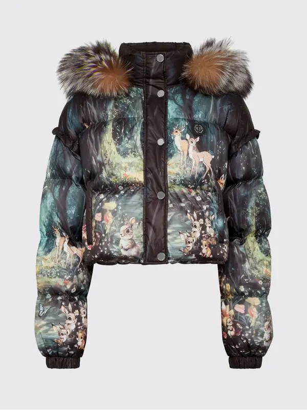 Philipp Plein Printed Nylon Fairy Down Jacket With Fur Collar