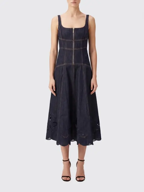 SELF-PORTRAIT Lace-trimmed Cotton Denim Midi Dress