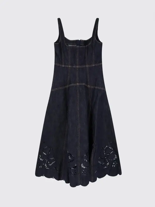 SELF-PORTRAIT Lace-trimmed Cotton Denim Midi Dress