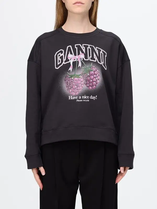 GANNI Organic Cotton Crew Neck Sweatshirt With Fruit Print - Black