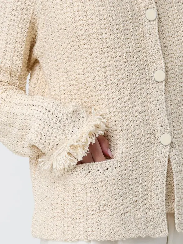 Emporio Armani Textured Knit Jacket With Fringe Detail - Ivory