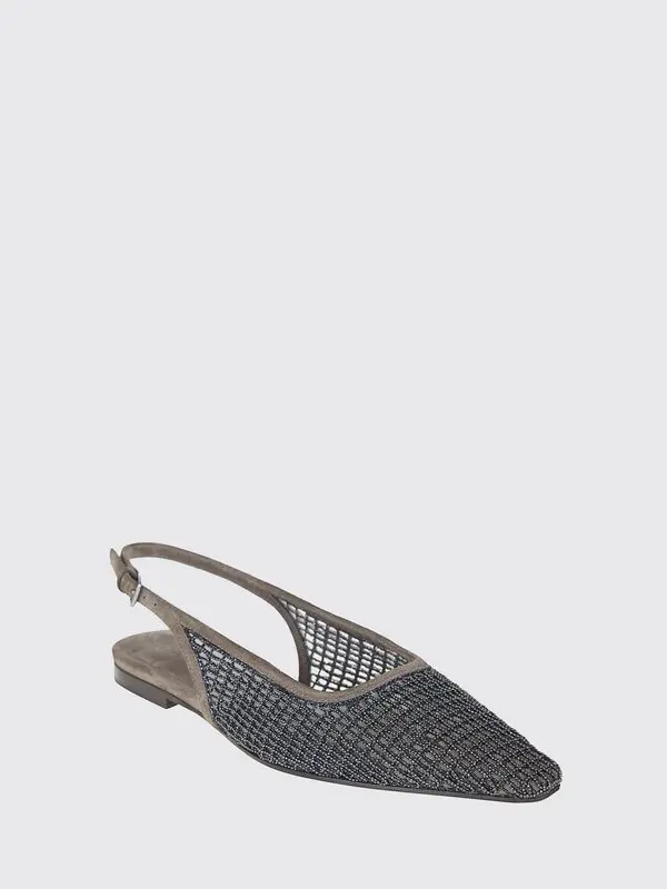 Brunello Cucinelli Mesh Net And Suede Slingback Ballerinas With Monili