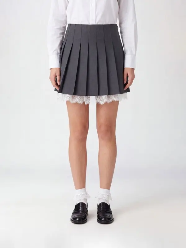 SELF-PORTRAIT Pleated Wool-blend Mini Skirt With Lace Inserts