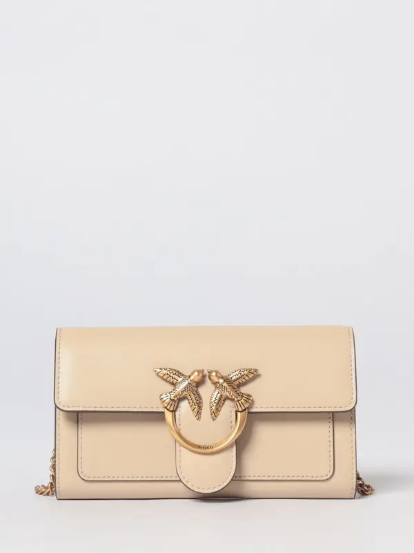 Pinko Leather Wallet With Bird Clasp - Beige