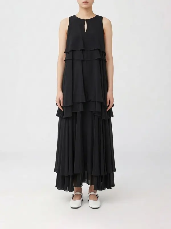 AMI Paris Silk Blend Long Dress With Ruffles - Black