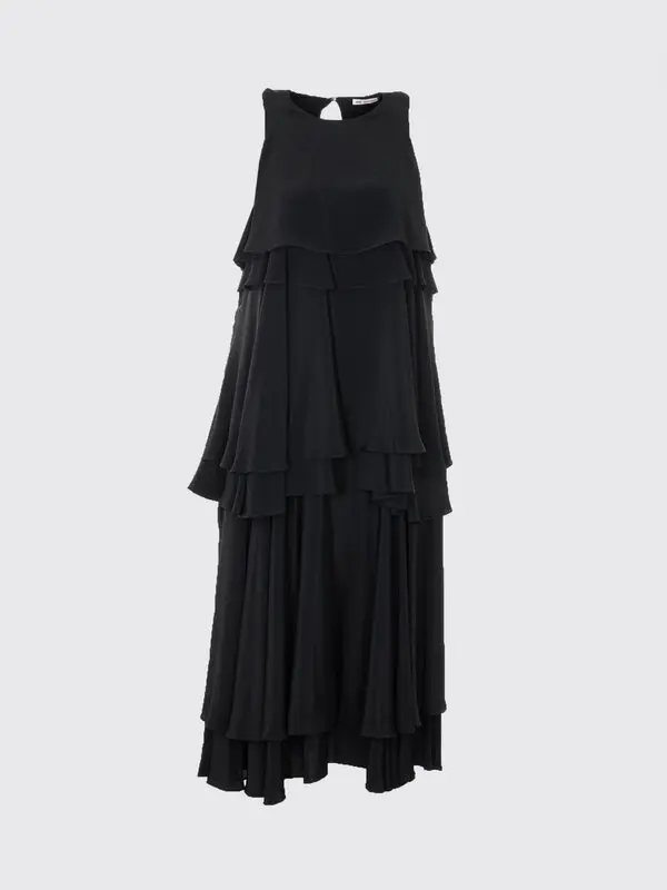 AMI Paris Silk Blend Long Dress With Ruffles - Black