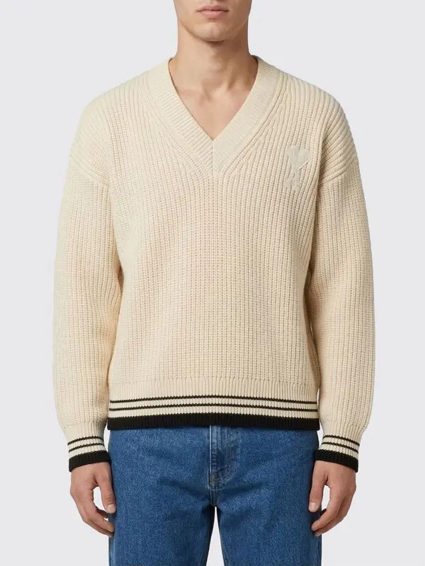 AMI Paris Wool And Cotton Blend V-neck Sweater With Contrast Trims