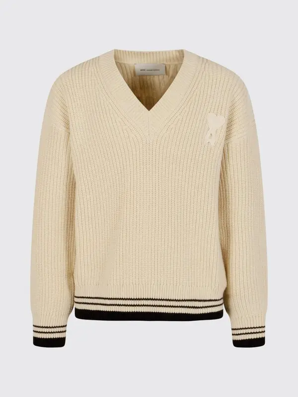 AMI Paris Wool And Cotton Blend V-neck Sweater With Contrast Trims
