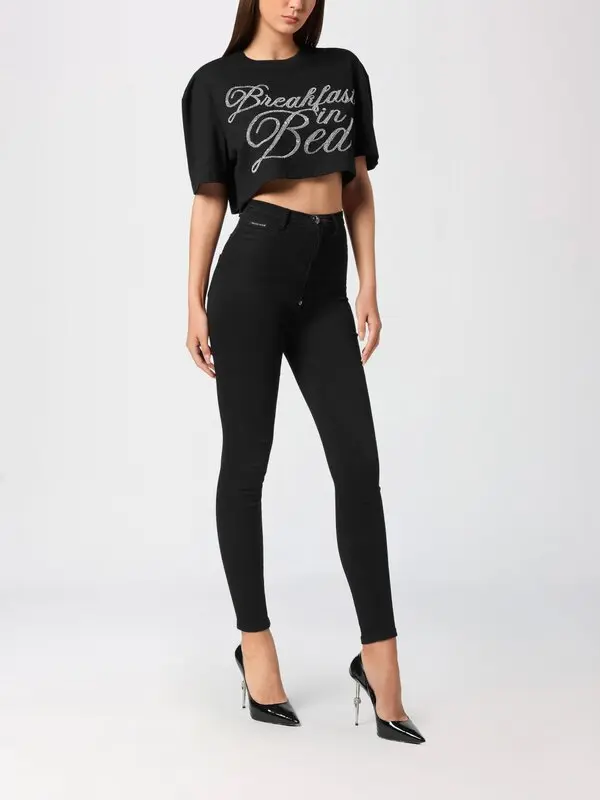 Philipp Plein Cropped Cotton T-shirt With Rhinestone Logo