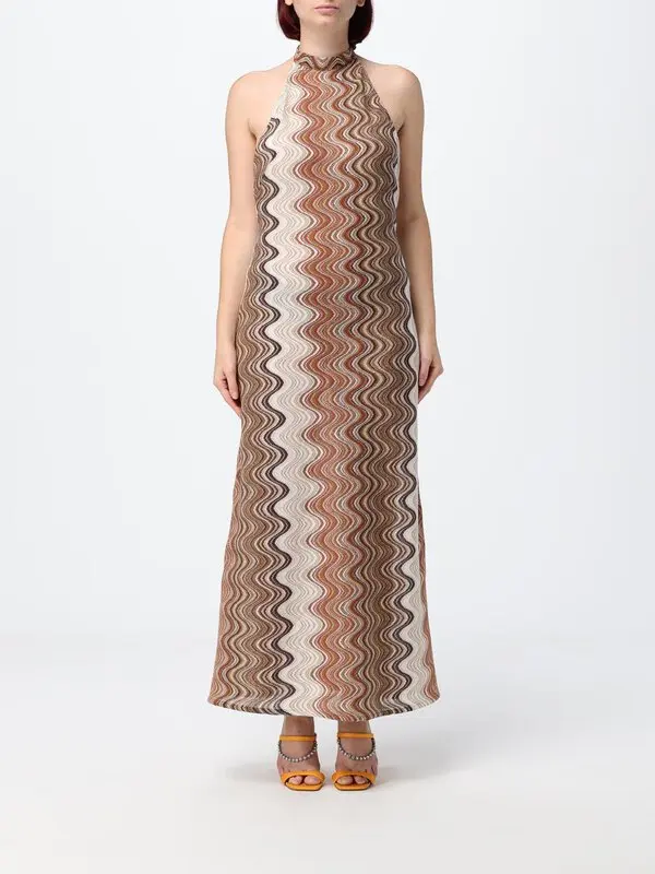 MC2 SAINT BARTH Halterneck Jersey Maxi Dress With Wave Print - Brown
