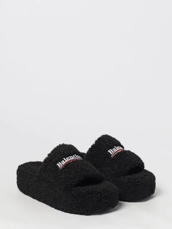 Balenciaga Shearling Wedge Slide Sandals With Embroidered Logo