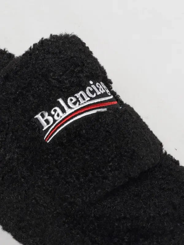 Balenciaga Shearling Wedge Slide Sandals With Embroidered Logo