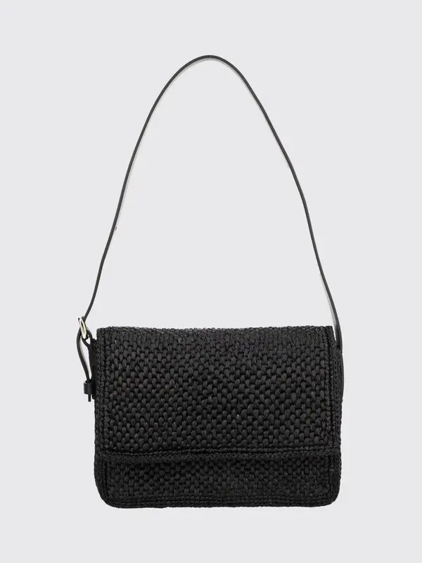 Manebí Paloma Small Shoulder Bag In Crochet Raffia With Flap And Leather Handle - Black