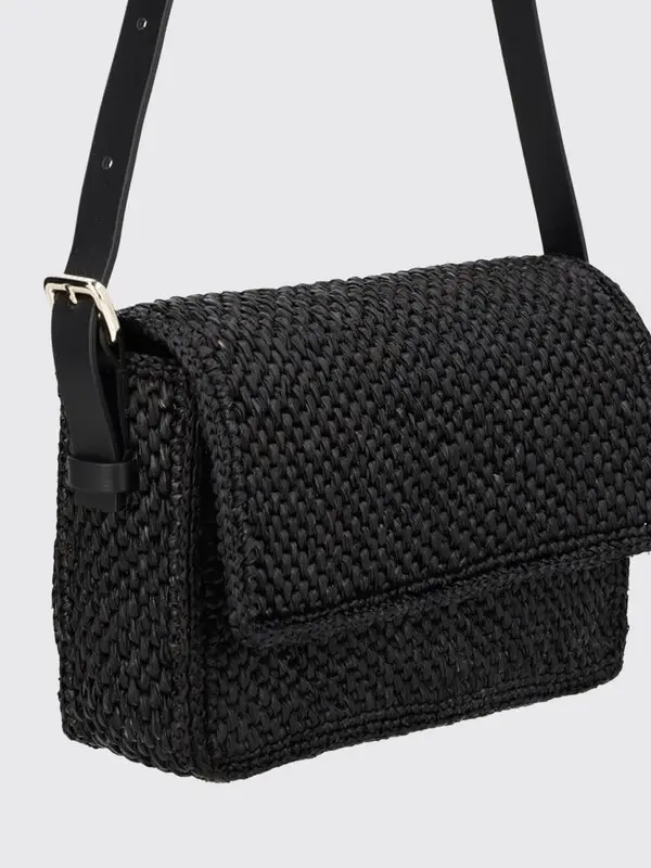 Manebí Paloma Small Shoulder Bag In Crochet Raffia With Flap And Leather Handle - Black